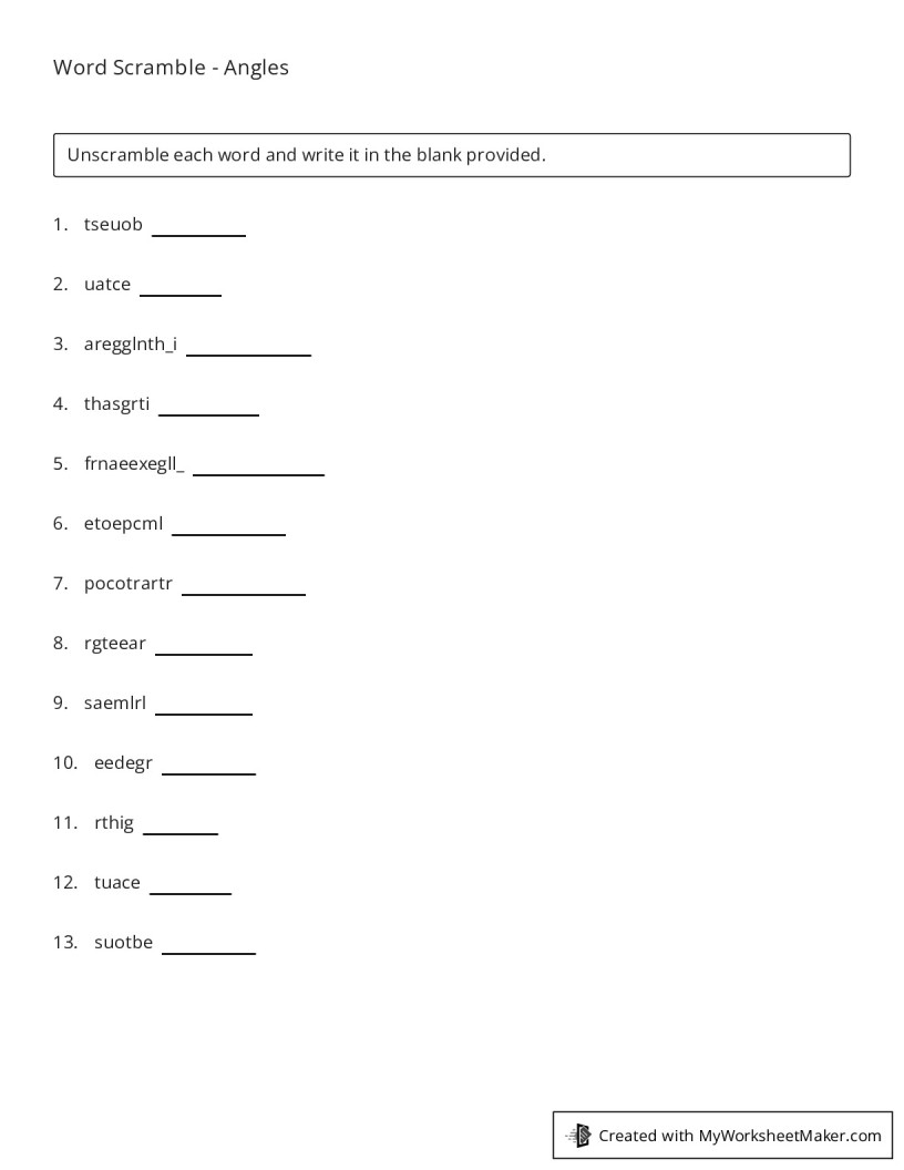 Word Scramble - Angles - My Worksheet Maker: Create Your Own Worksheets