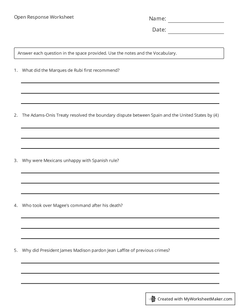 Open Response Worksheet - My Worksheet Maker: Create Your Own Worksheets