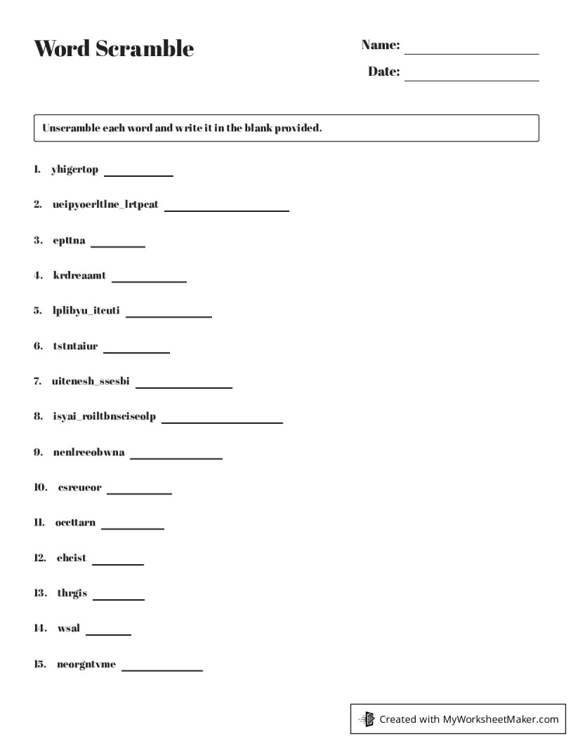 Word Scramble - My Worksheet Maker: Create Your Own Worksheets