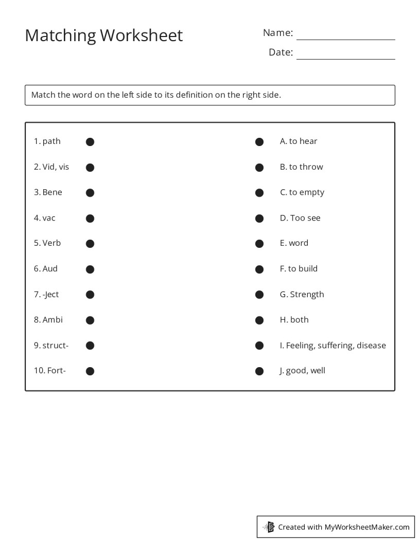 Matching Worksheet - My Worksheet Maker: Create Your Own Worksheets