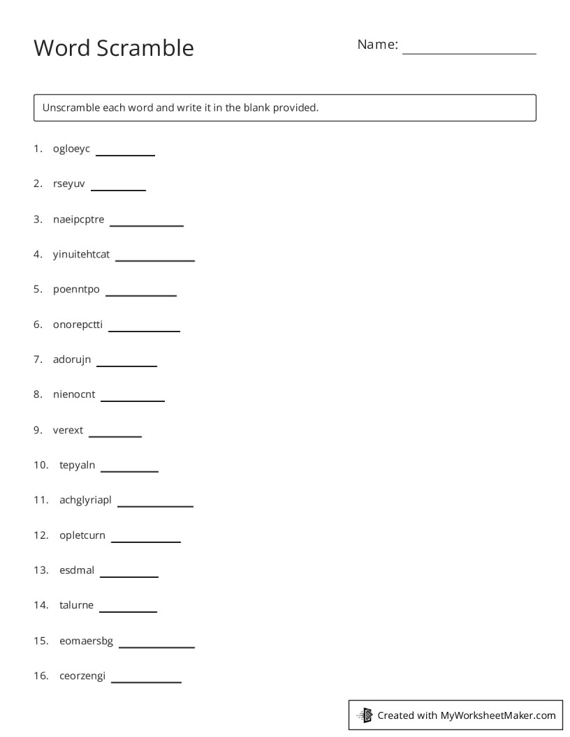 Word Scramble - My Worksheet Maker: Create Your Own Worksheets