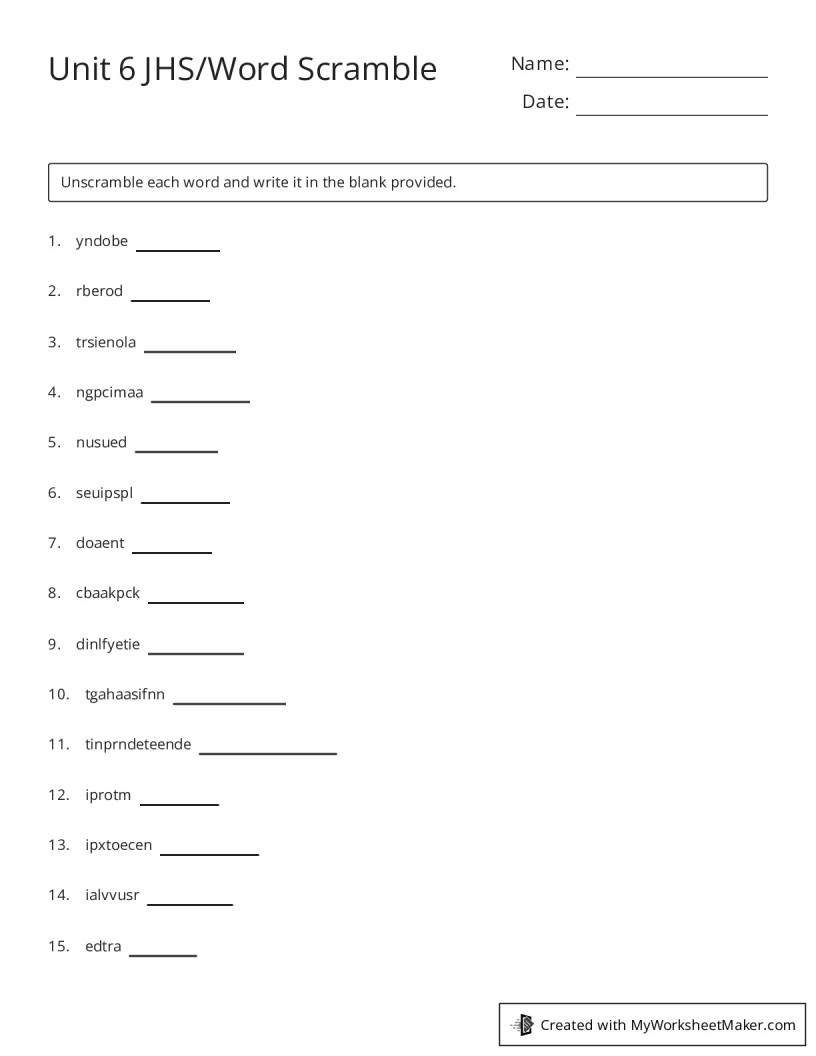 Unit 6 JHS/Word Scramble - My Worksheet Maker: Create Your Own Worksheets