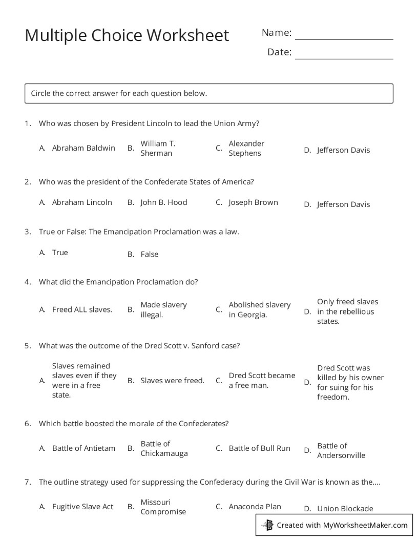 Multiple Choice Worksheet - My Worksheet Maker: Create Your Own Worksheets