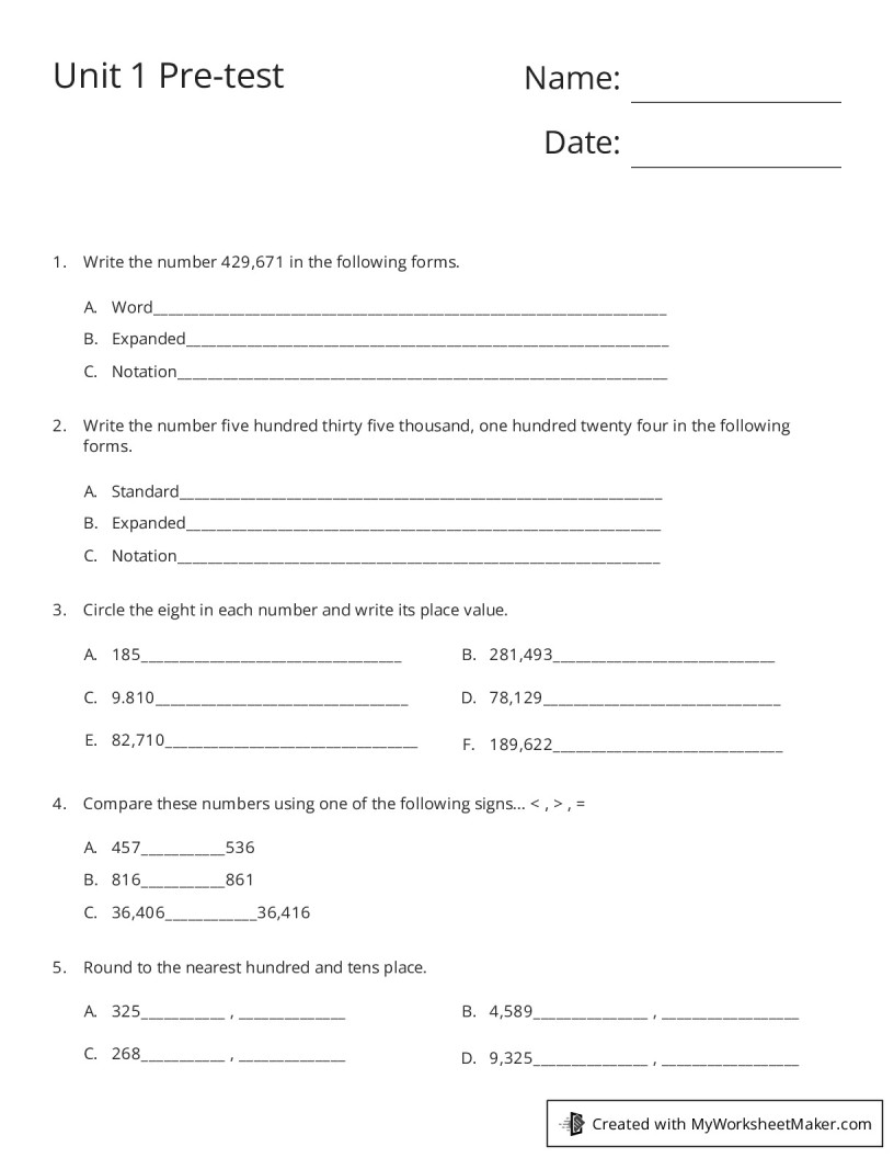 Unit 1 Pre-test - My Worksheet Maker: Create Your Own Worksheets