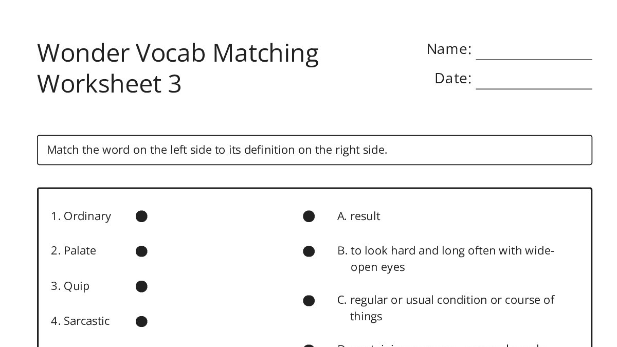Wonder Vocab Matching Worksheet 3 - My Worksheet Maker: Create Your Own ...