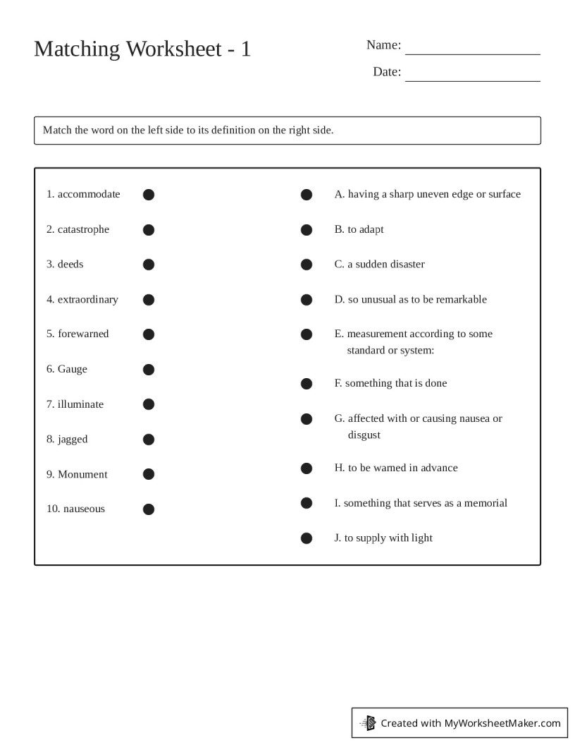 Matching Worksheet - 1 - My Worksheet Maker: Create Your Own Worksheets