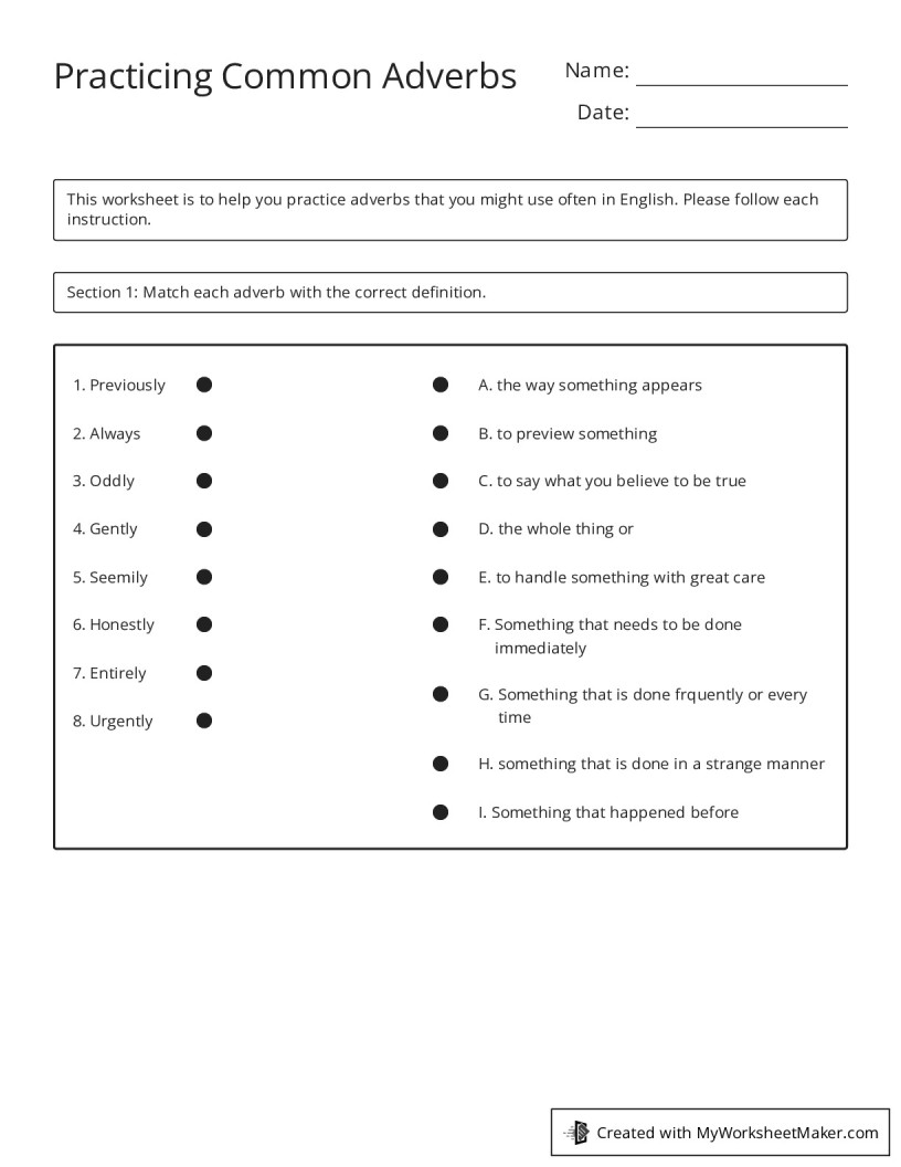 Practicing Common Adverbs - My Worksheet Maker: Create Your Own Worksheets