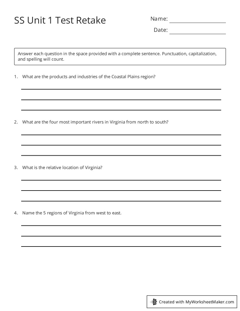 SS Unit 1 Test Retake - My Worksheet Maker: Create Your Own Worksheets