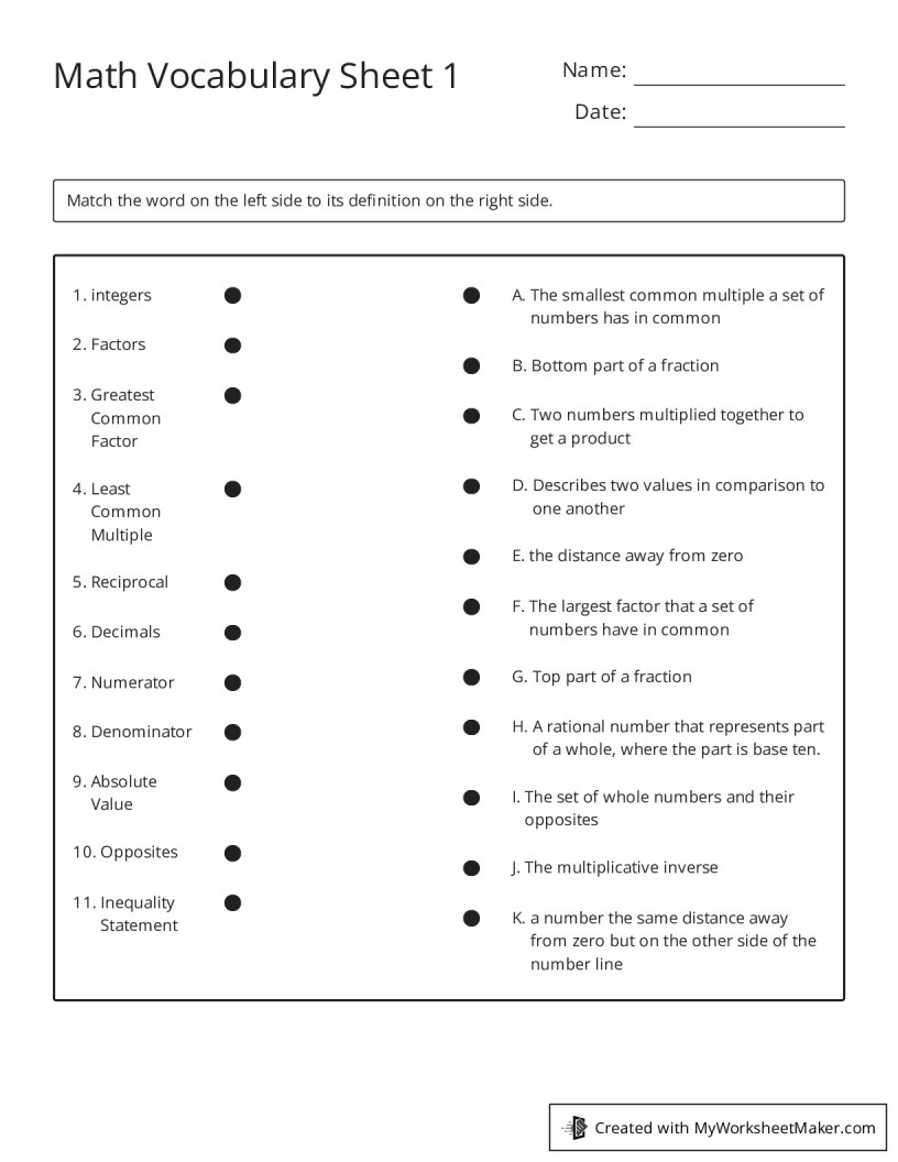 Math Vocabulary Sheet 1 - My Worksheet Maker: Create Your Own Worksheets