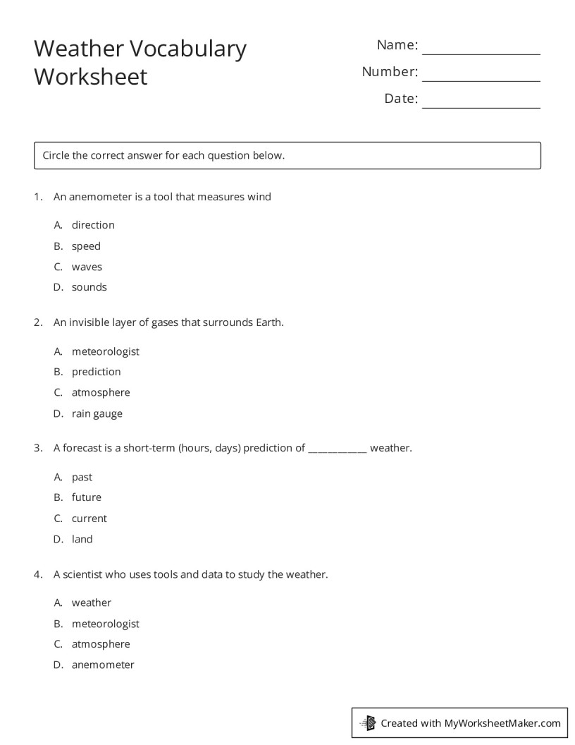 Weather Vocabulary Worksheet - My Worksheet Maker: Create Your Own ...