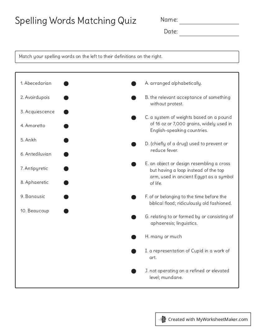 Spelling Words Matching Quiz - My Worksheet Maker: Create Your Own ...
