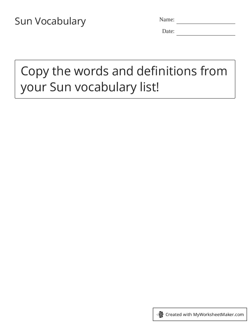 Sun Vocabulary - My Worksheet Maker: Create Your Own Worksheets