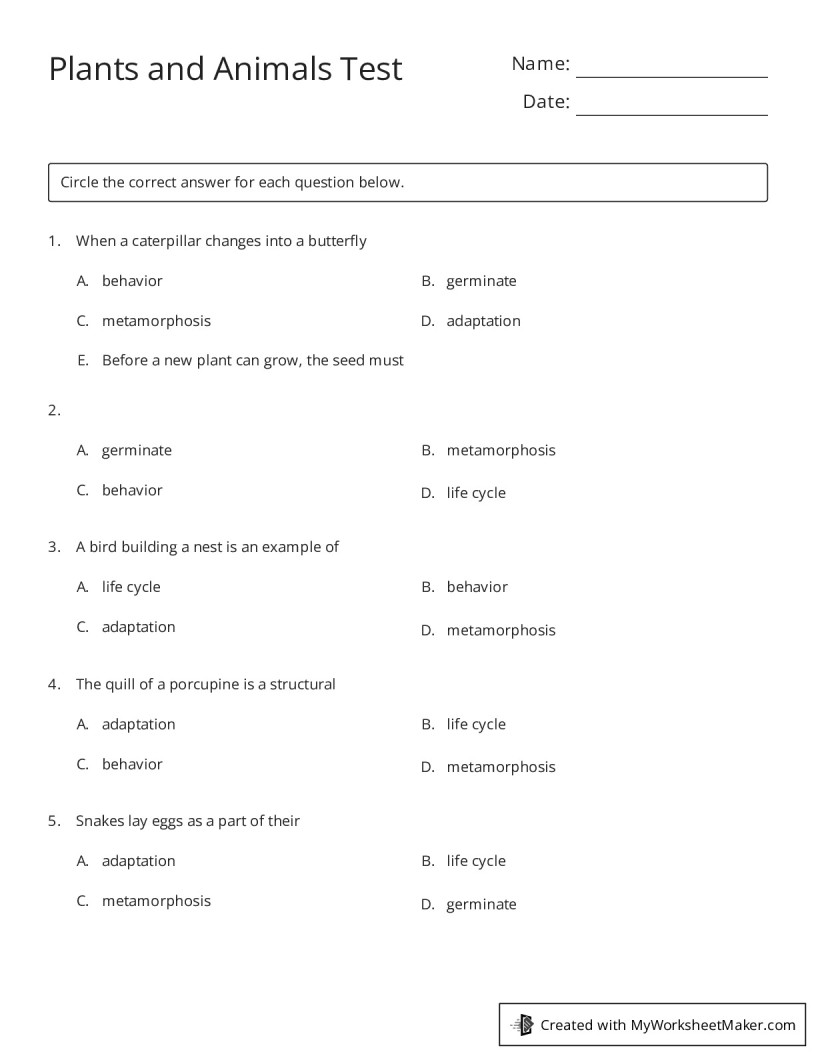 Plants and Animals Test - My Worksheet Maker: Create Your Own Worksheets