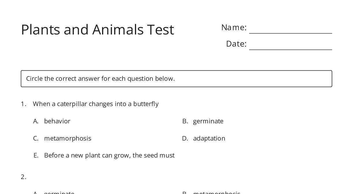 Plants and Animals Test - My Worksheet Maker: Create Your Own Worksheets