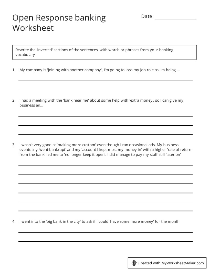 Open Response banking Worksheet - My Worksheet Maker: Create Your Own ...