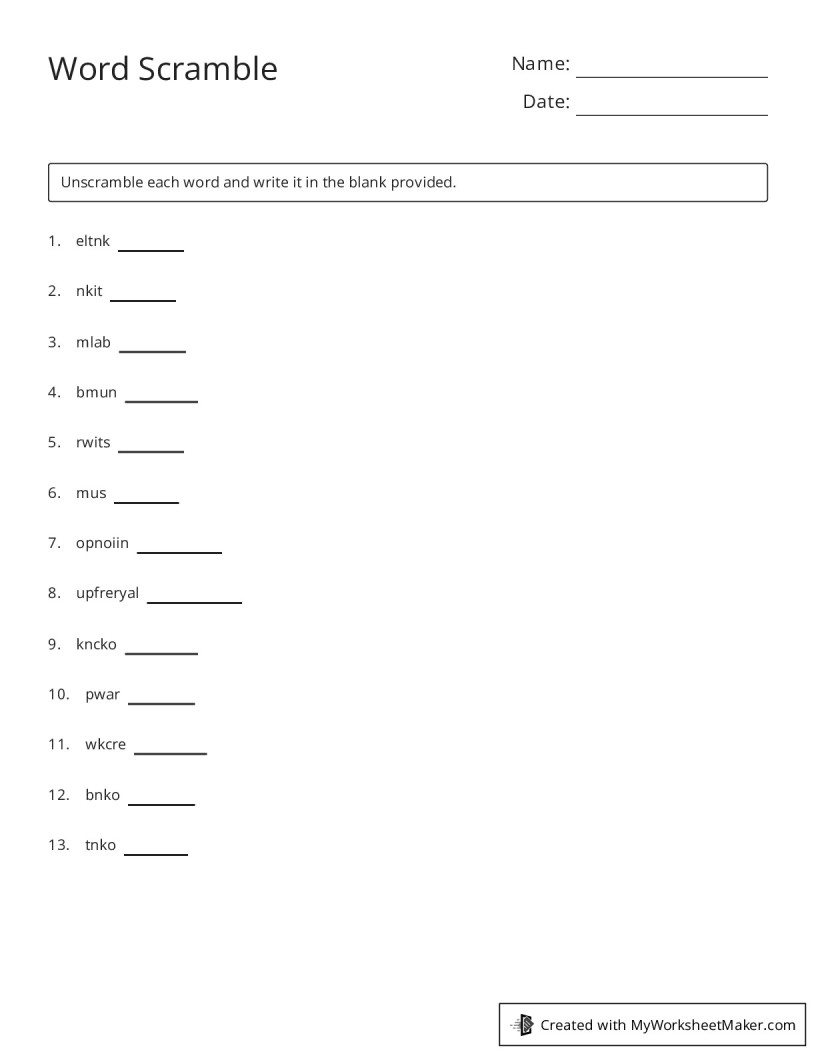 Word Scramble - My Worksheet Maker: Create Your Own Worksheets