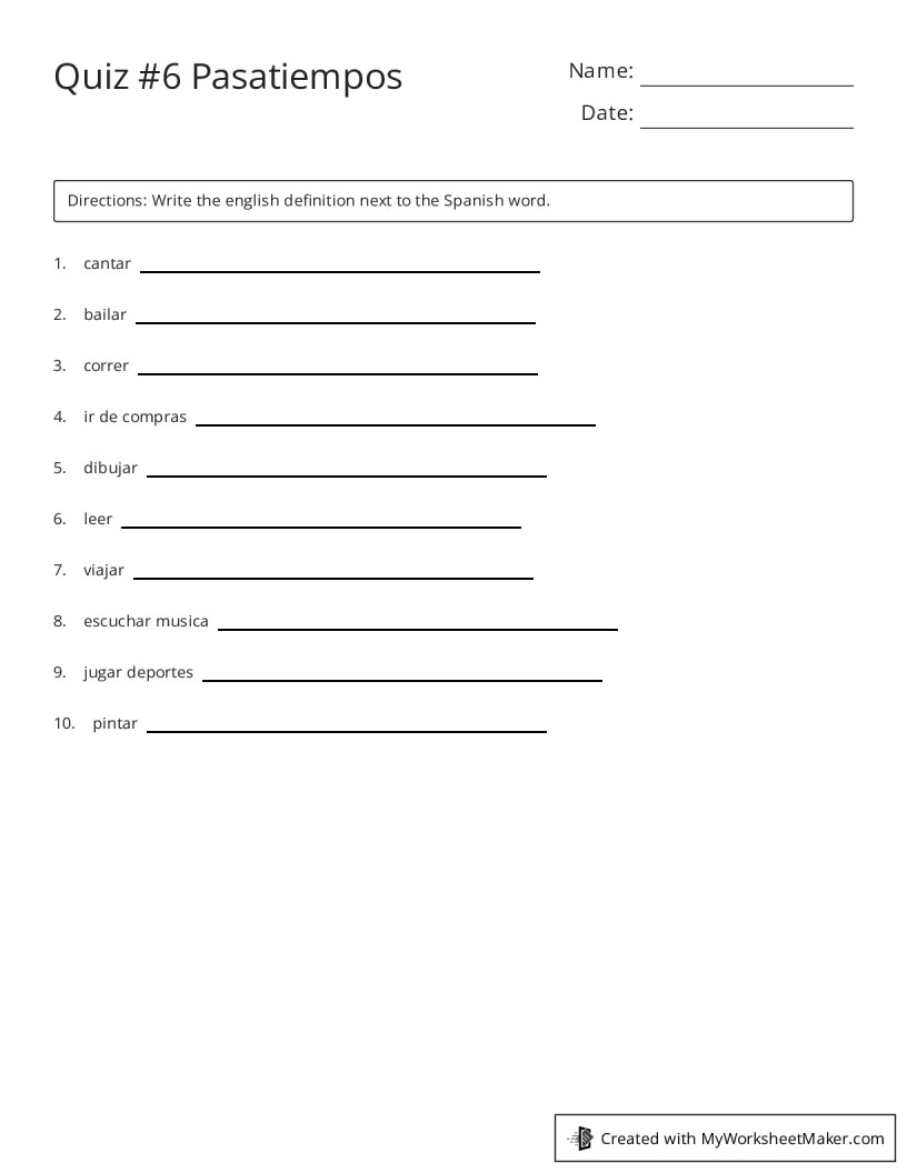 Quiz #6 Pasatiempos - My Worksheet Maker: Create Your Own Worksheets