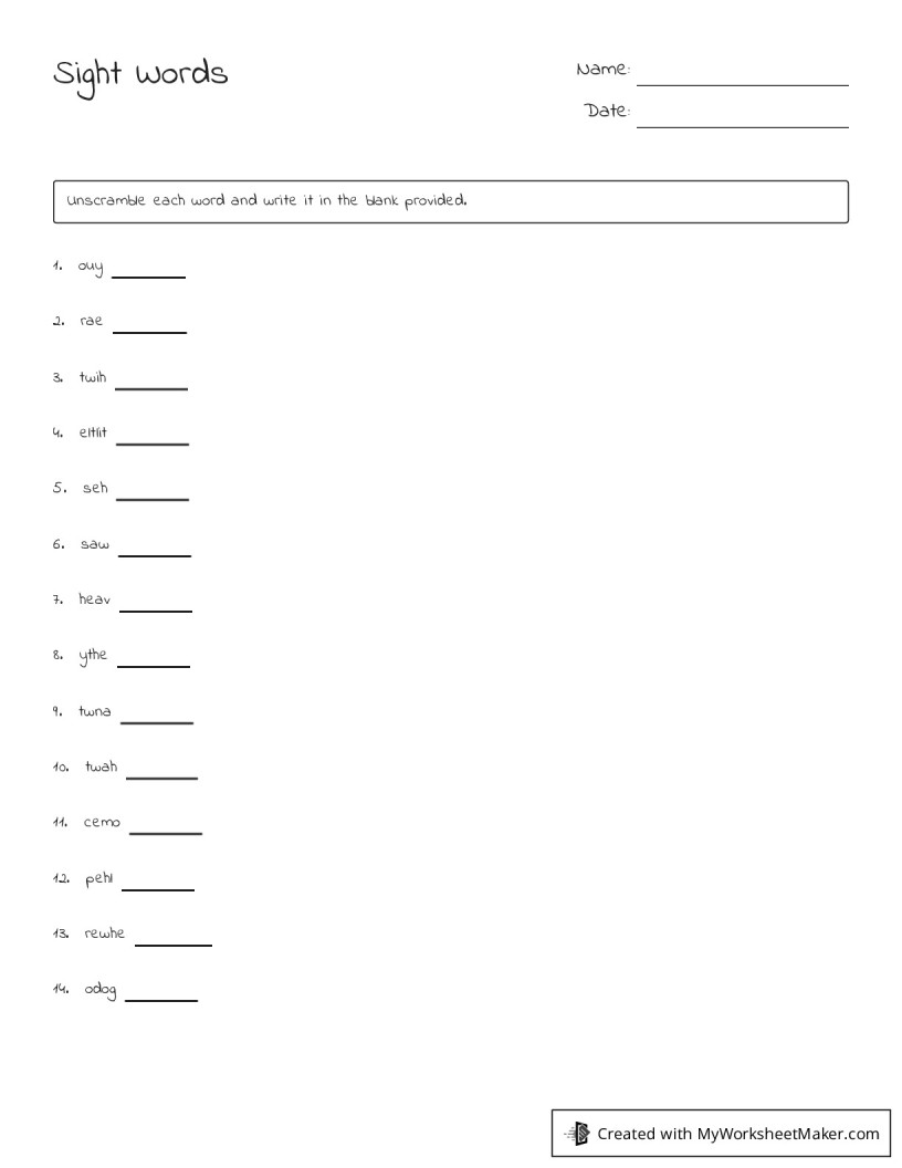 Sight Words - My Worksheet Maker: Create Your Own Worksheets