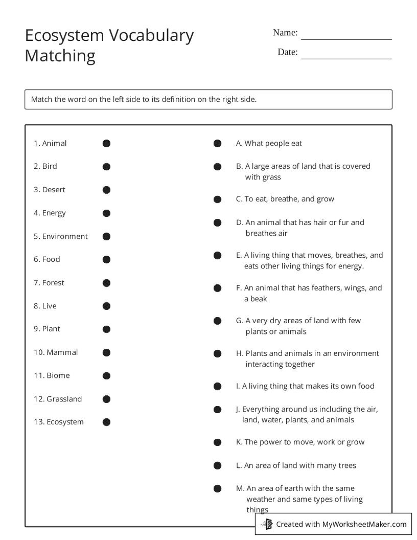Ecosystem Vocabulary Matching - My Worksheet Maker: Create Your Own ...