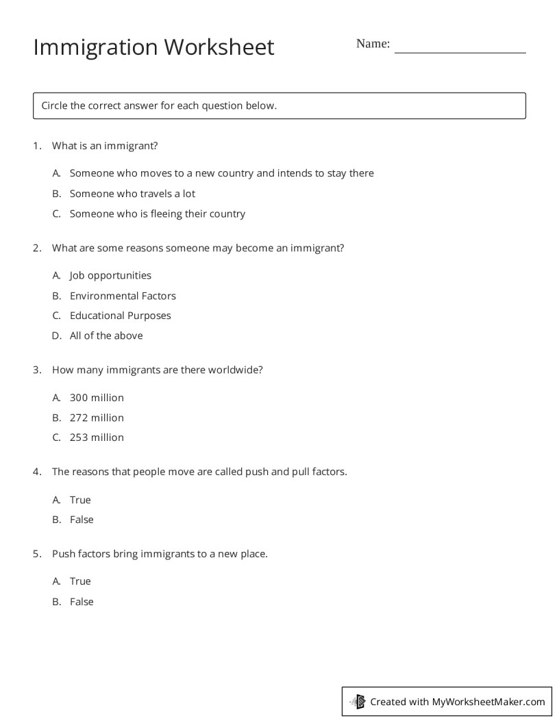 Immigration Worksheet - My Worksheet Maker: Create Your Own Worksheets