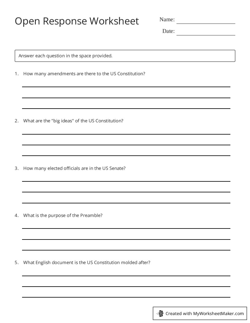 Open Response Worksheet - My Worksheet Maker: Create Your Own Worksheets