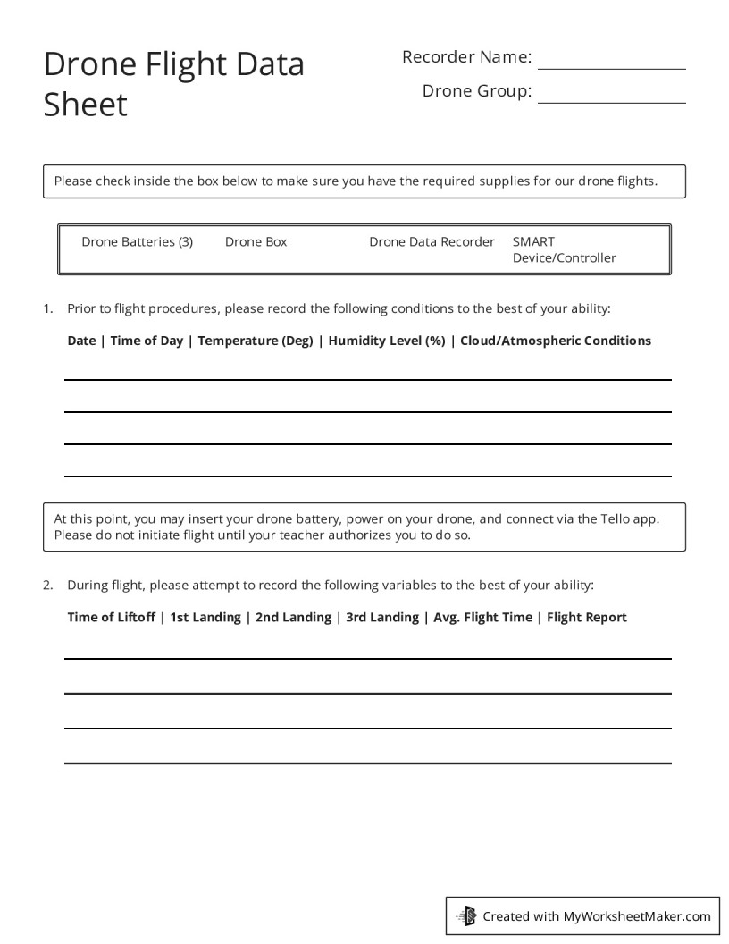 Drone Flight Data Sheet - My Worksheet Maker: Create Your Own Worksheets