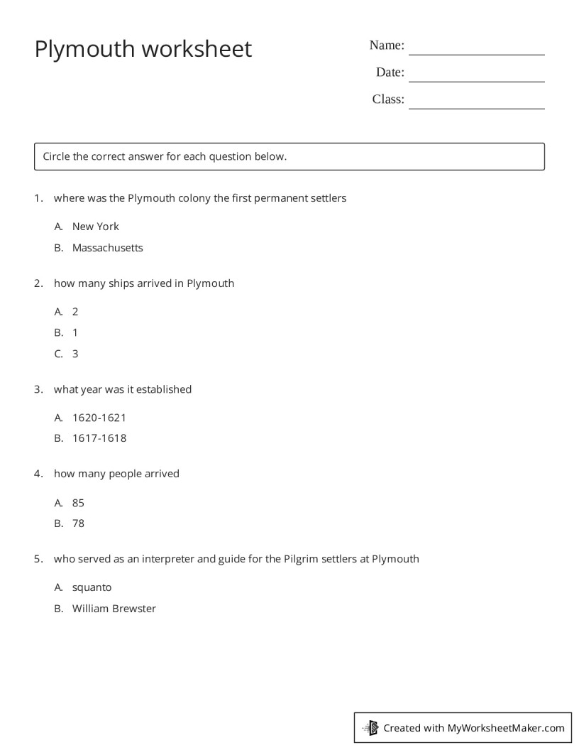 Plymouth worksheet - My Worksheet Maker: Create Your Own Worksheets