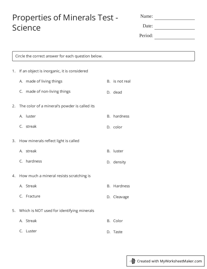 Properties of Minerals Test - Science - My Worksheet Maker: Create Your ...