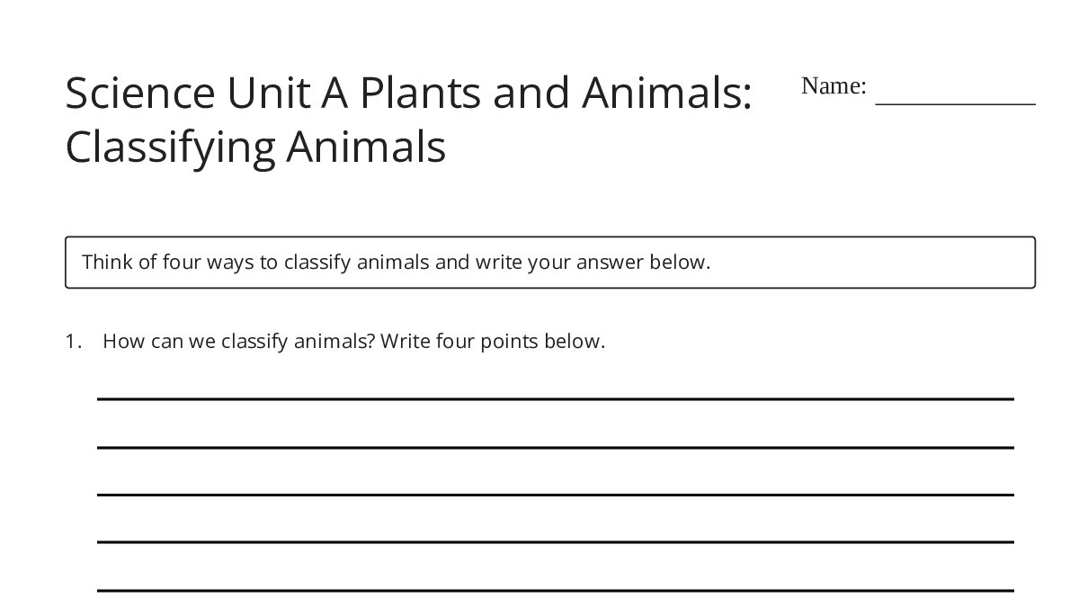 Science Unit A Plants and Animals: Classifying Animals - My Worksheet ...