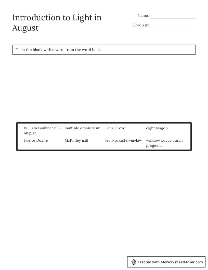 Introduction to Light in August - My Worksheet Maker: Create Your Own ...