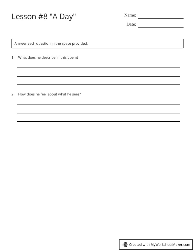Lesson #8 "A Day" - My Worksheet Maker: Create Your Own Worksheets