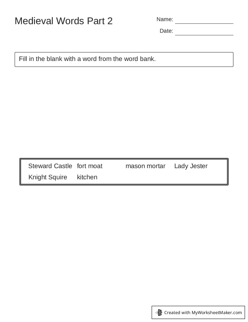Medieval Words Part 2 - My Worksheet Maker: Create Your Own Worksheets