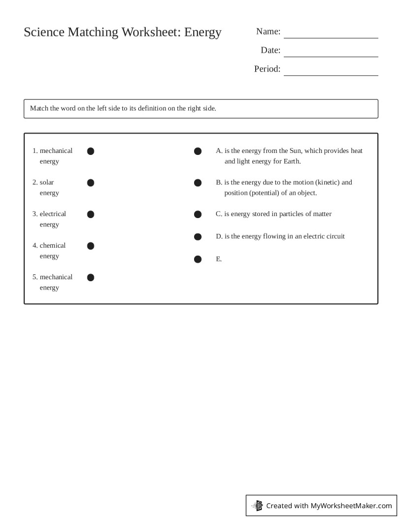 Science Matching Worksheet: Energy - My Worksheet Maker: Create Your ...