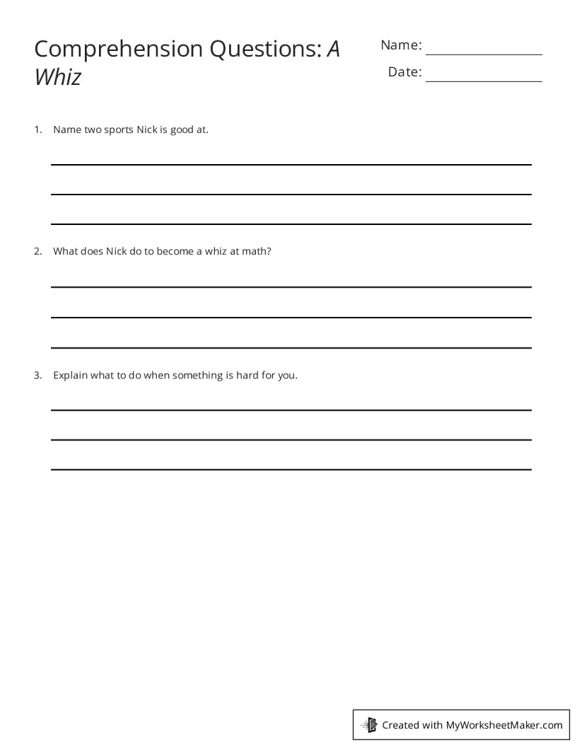 Comprehension Questions: A Whiz - My Worksheet Maker: Create Your Own ...