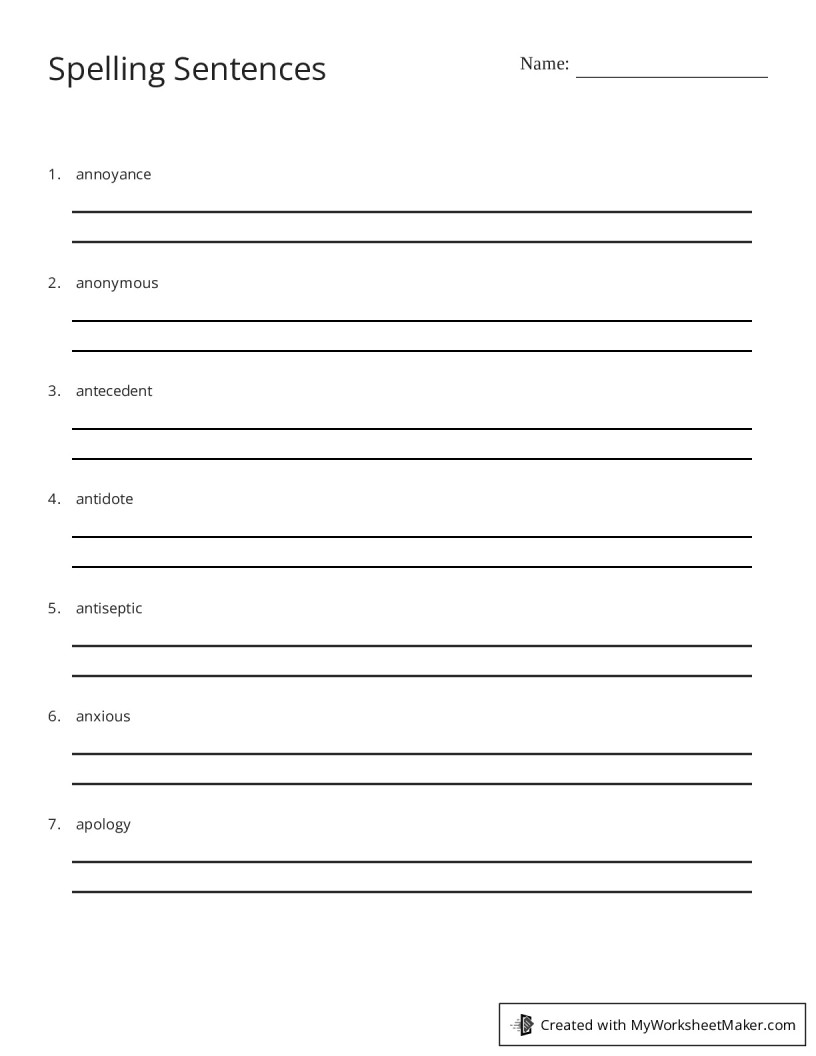 Spelling Sentences - My Worksheet Maker: Create Your Own Worksheets