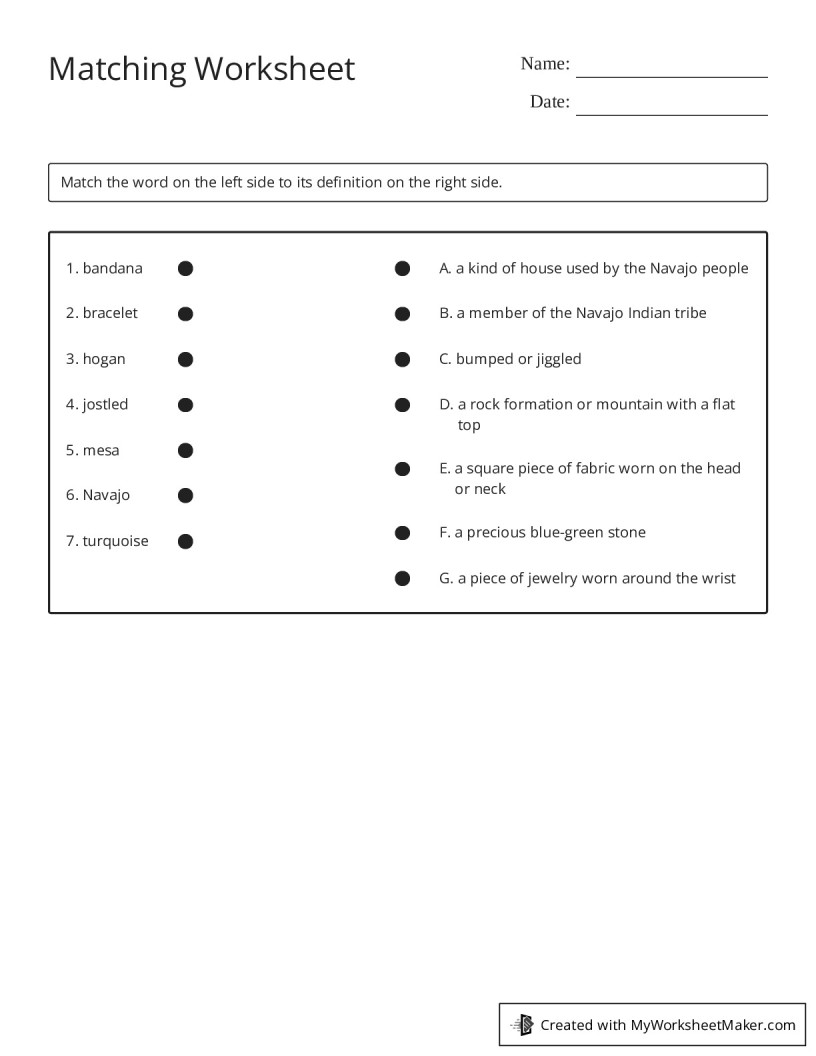 Matching Worksheet - My Worksheet Maker: Create Your Own Worksheets