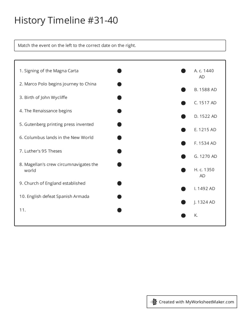 History Timeline #31-40 - My Worksheet Maker: Create Your Own Worksheets