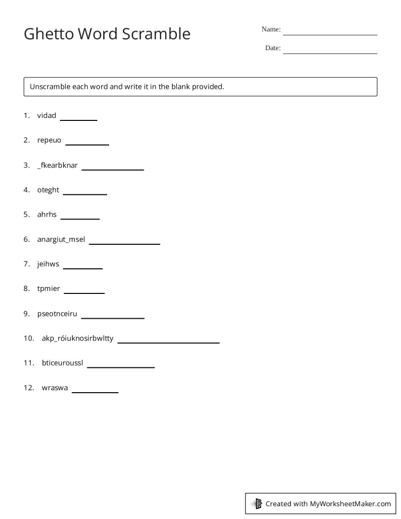 Ghetto Word Scramble - My Worksheet Maker: Create Your Own Worksheets