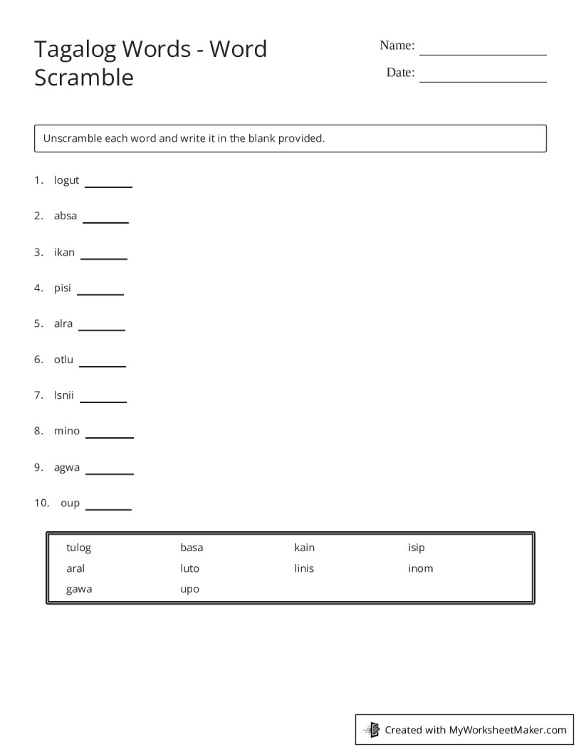 Tagalog Words Word Scramble My Worksheet Maker Create Your Own tagalog-words-word-scramble-my-worksheet-maker-create-your-own
