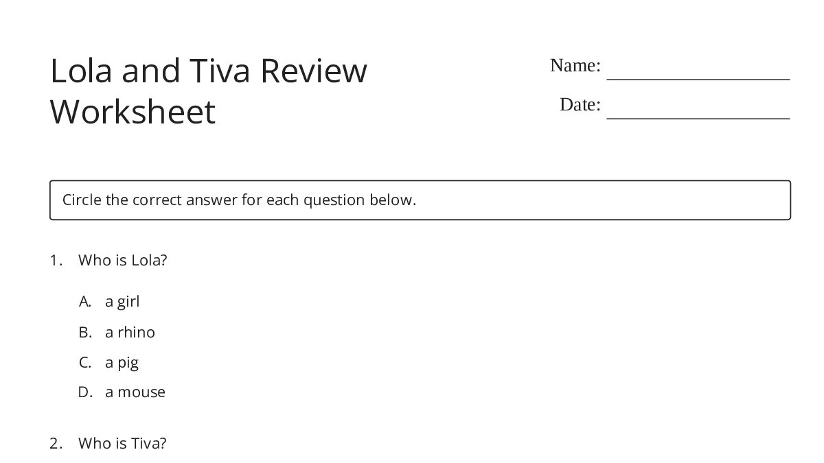 Lola and Tiva Review Worksheet - My Worksheet Maker: Create Your Own ...