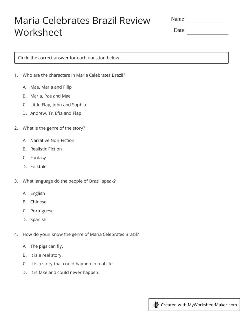 Maria Celebrates Brazil Review Worksheet - My Worksheet Maker: Create ...