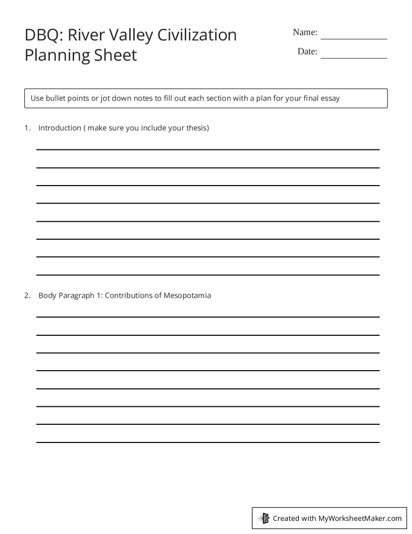 DBQ: River Valley Civilization Planning Sheet - My Worksheet Maker ...