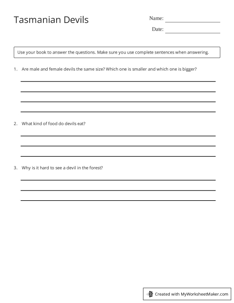Tasmanian Devils - My Worksheet Maker: Create Your Own Worksheets