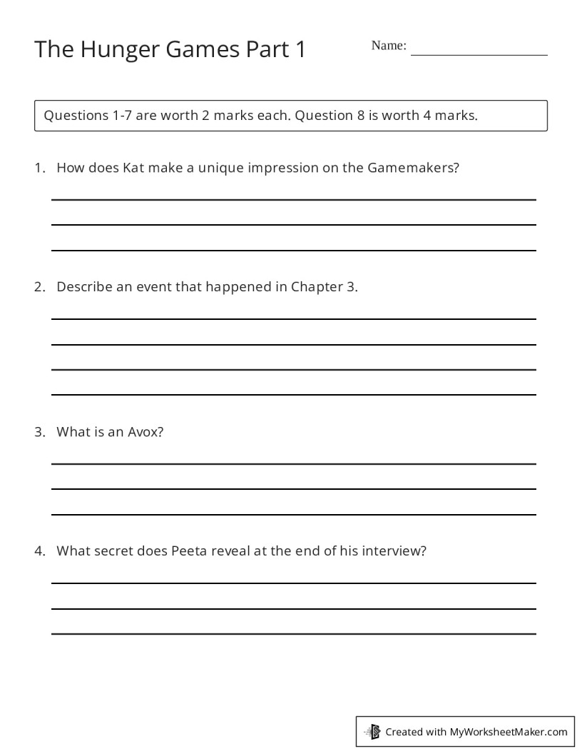 The Hunger Games Part 1 - My Worksheet Maker: Create Your Own Worksheets