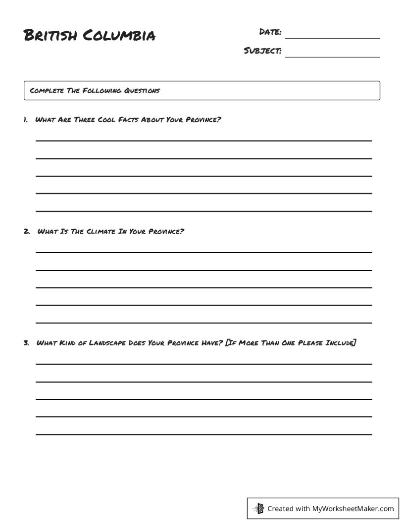 British Columbia - My Worksheet Maker: Create Your Own Worksheets