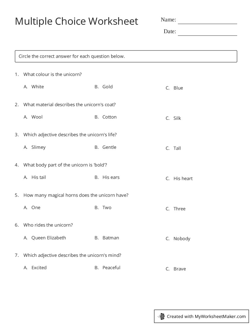 Multiple Choice Worksheet - My Worksheet Maker: Create Your Own Worksheets
