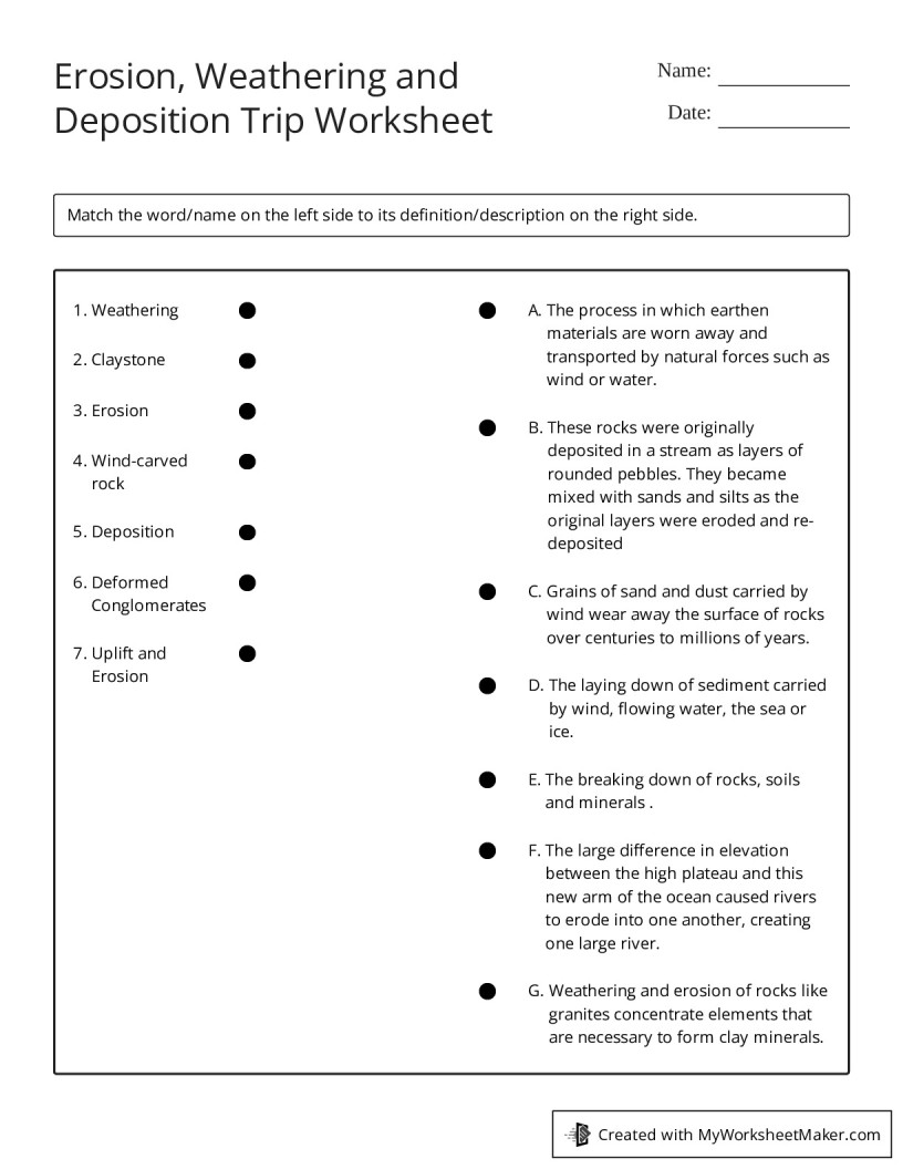 Erosion, Weathering and Deposition Trip Worksheet - My Worksheet Maker ...