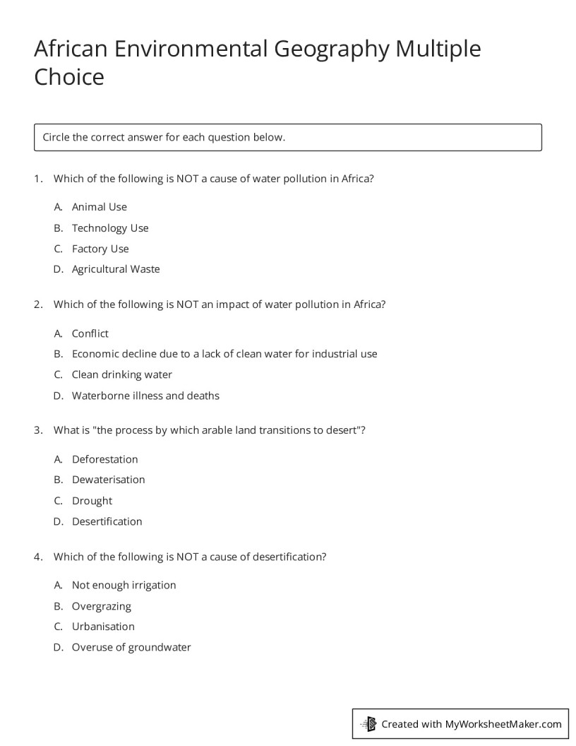 African Environmental Geography Multiple Choice - My Worksheet Maker ...