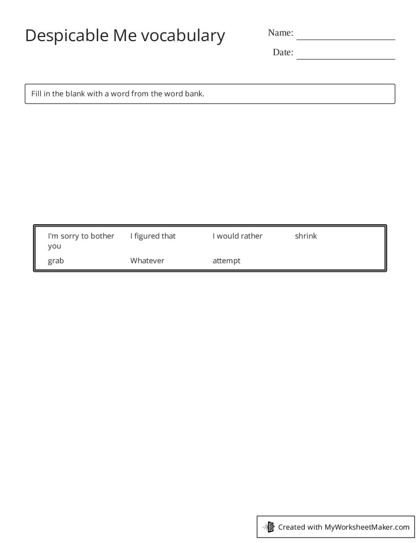 Despicable Me vocabulary - My Worksheet Maker: Create Your Own Worksheets