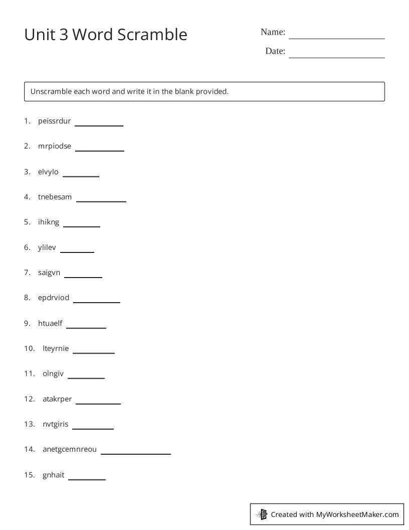 Unit 3 Word Scramble - My Worksheet Maker: Create Your Own Worksheets